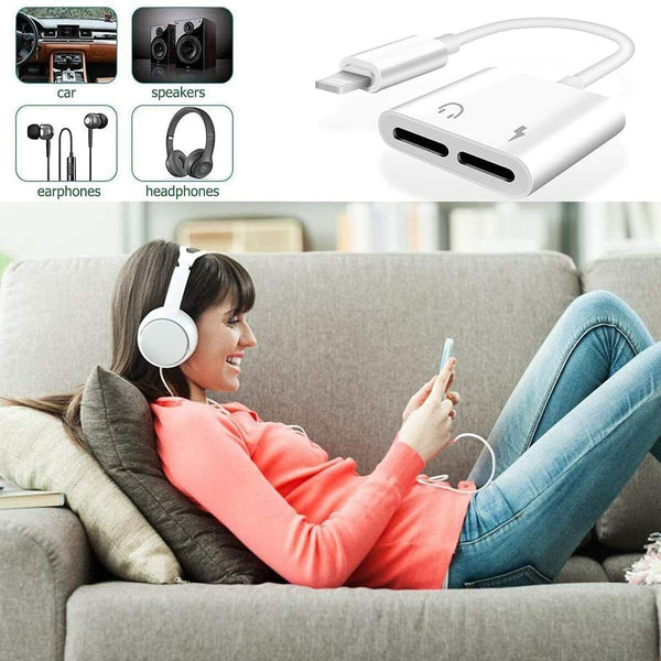 Dual Adapter Double Jack Headphone & Charger For iPhone Lightning ...